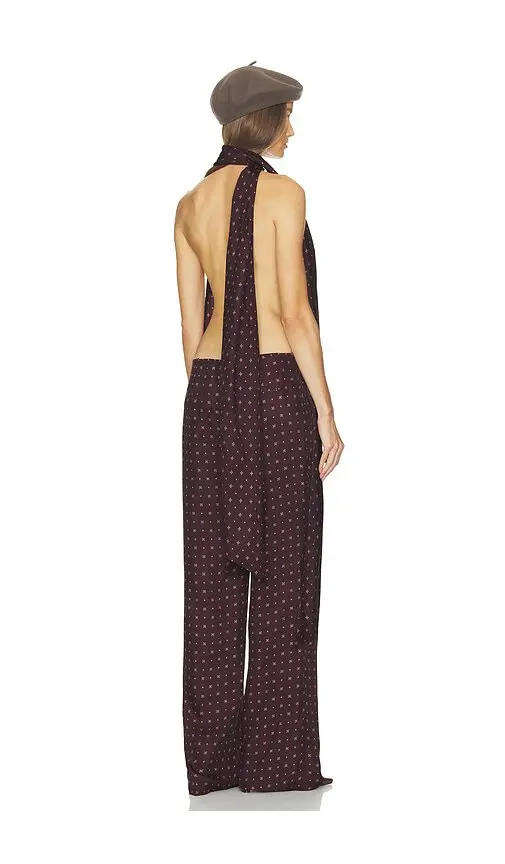 HELSA Scarf Halter Jumpsuit In Tie Print In Burgundy