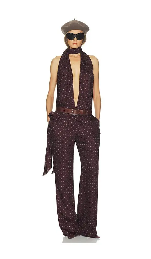HELSA Scarf Halter Jumpsuit In Tie Print In Burgundy