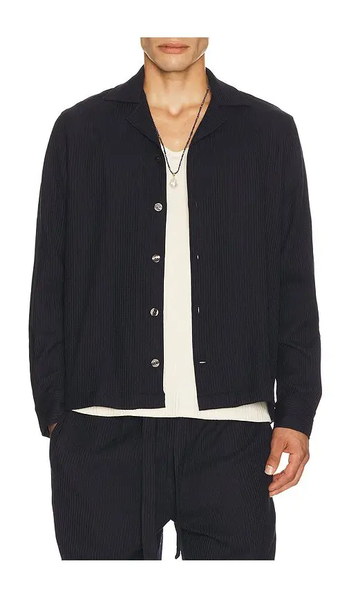 Frescobol Carioca Safra Wool Knitted Camp Collar Long Sleeve Shirt - Navy