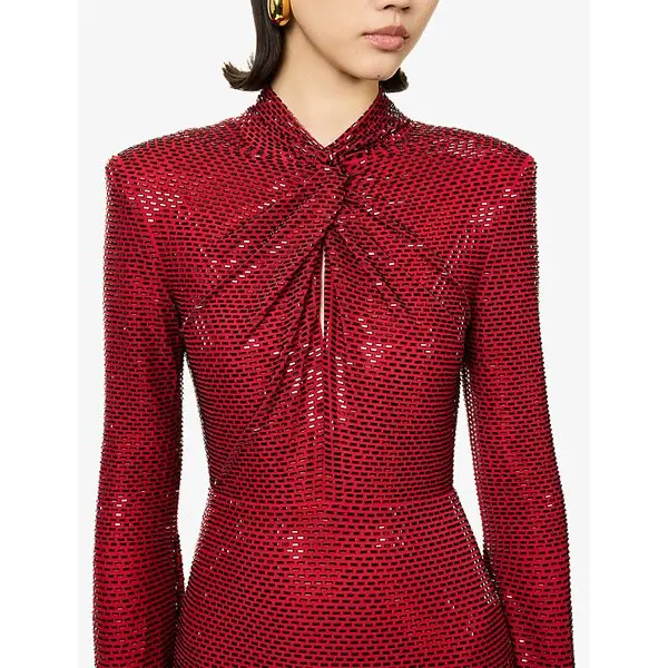 SELF-PORTRAIT Rhinestone Mesh Twist Midi Dress