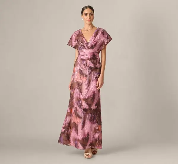 Aidan Mattox Short Sleeve Organza Jacquard Draped Plunge Gown - Berry Multi