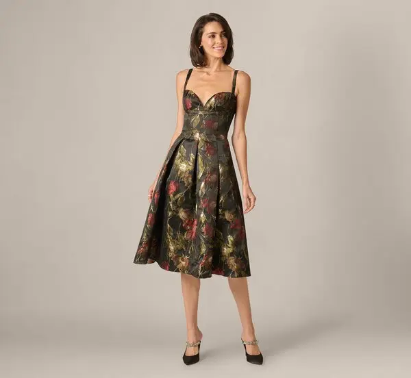 Aidan Mattox Floral Jacquard Sweetheart Tea Length Dress - Black Multi