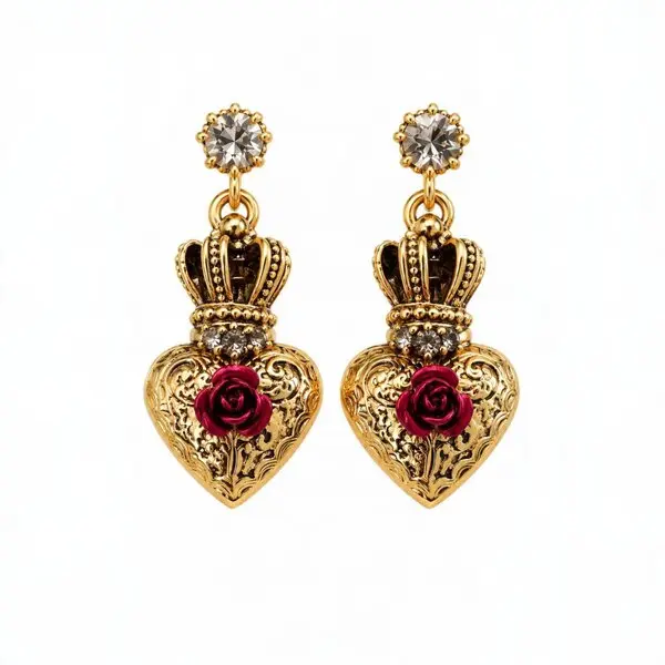 VSTYLE Crowned Sacred Heart Earrings With Red Roses