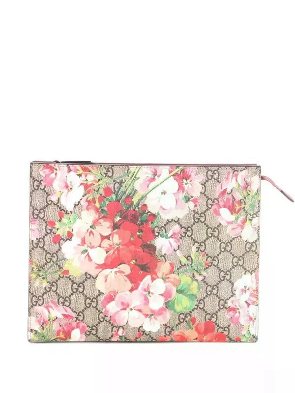 Gucci Toiletry Pouch Blooms Print Gg Coated Canvas Large Clutch Bag - Brown