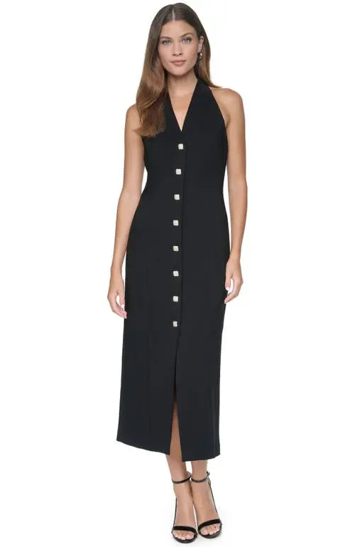 Halston Halter Button-front Midi Dress - Black