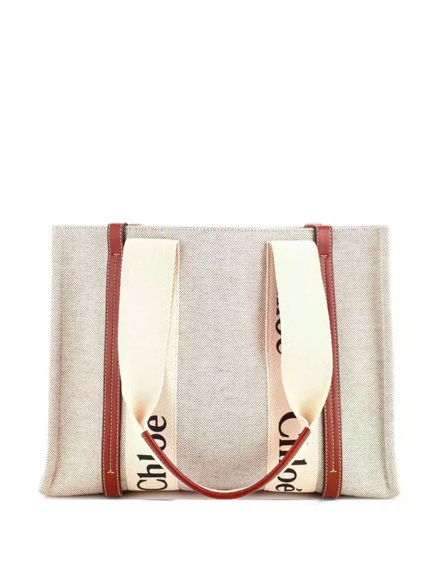 Chloé Woody Canvas With Leather Medium Tote Bag - Neutrals
