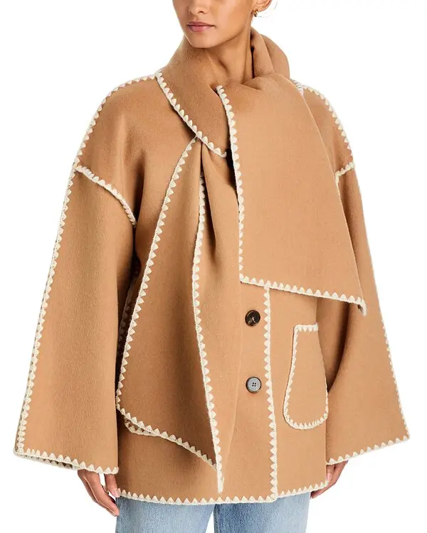 A.REN A. Ren Eliette Blanket Stitch Double Face Scarf Coat - Camel