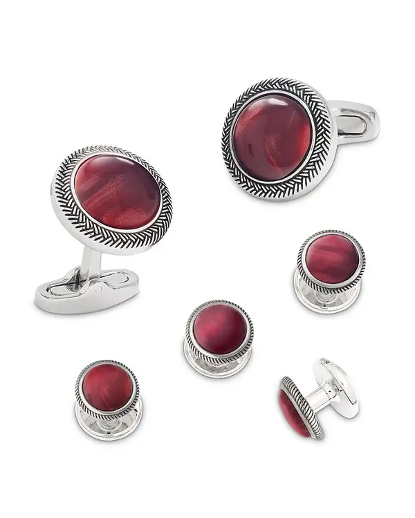 LINK UP Jan Leslie Burgundy Stone Antique Border Cufflink & Tuxedo Stud Set - Silver