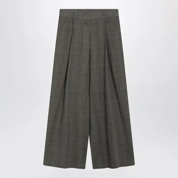 Dries Van Noten Cement Micro-check Wide-leg Wool Trousers With Pleat - Grey