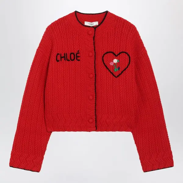 Chloé Tulip Wool & Cashmere Cardigan With Logo Detail And Heart Appliqu - Red