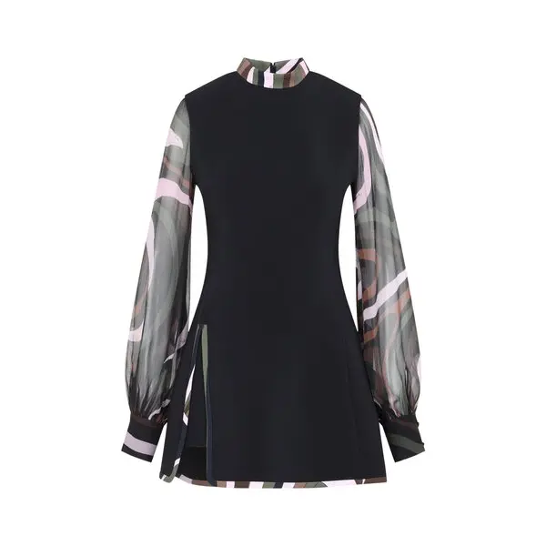 Emilio Pucci Mini Dress With Sheer Printed Sleeves - Black