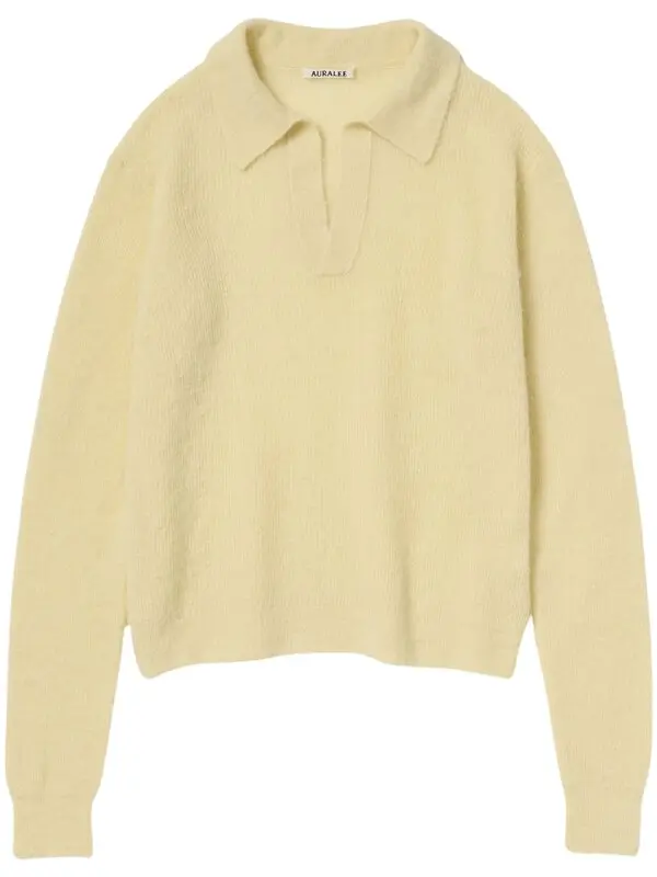 Auralee Butter-soft Alpaca Brushed Polo Shirt With Classic Collar And V-neck - Ecru