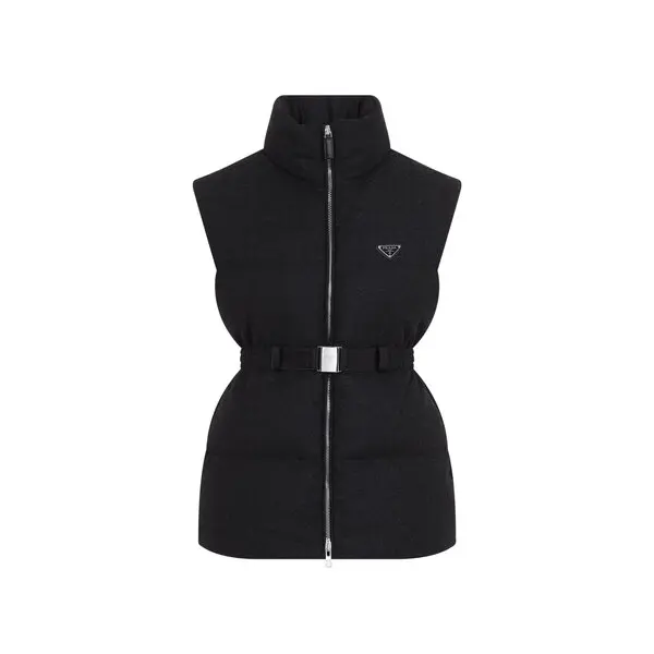 Prada Belted Zip-front Puffer Vest - Grey