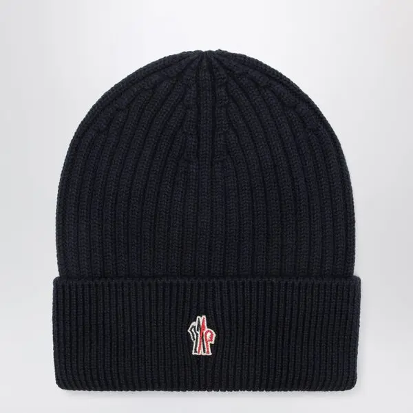 Moncler Ribbed Wool Beanie With Turn-up Brim Patch - Blue