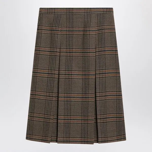Saint Laurent Prince Of Wales Wool Midi Skirt With Front And Back Pleats - Brown