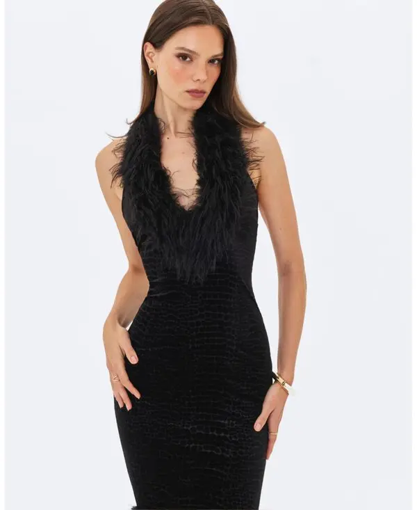 MISS CIRCLE NEW YORK Onalee Croc-embossed Velvet Fur Midi Dress