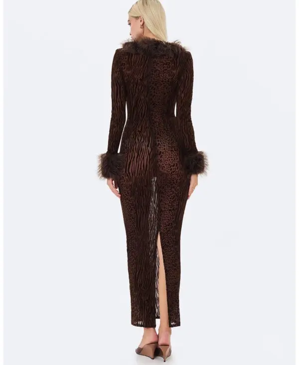 MISS CIRCLE NEW YORK Luana Fur Trimmed Deep V Burnout Mesh Maxi Dress