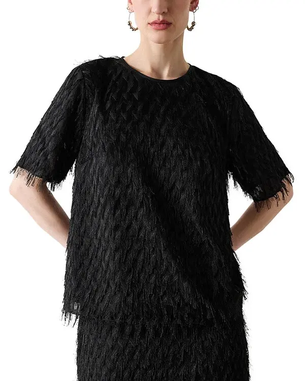 Whistles Tufted Fringe Short Sleeve Top - Black