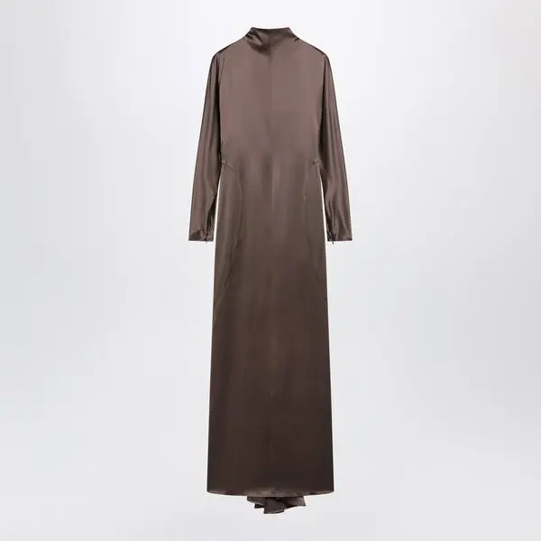 Max Mara Wolf Silk Satin Long Dress With High Neck And Kimono Sleeves - Grey