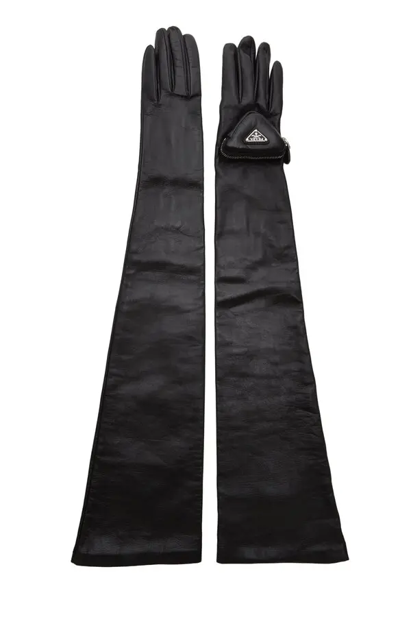 Prada Leather Pouch Long Gloves - Black