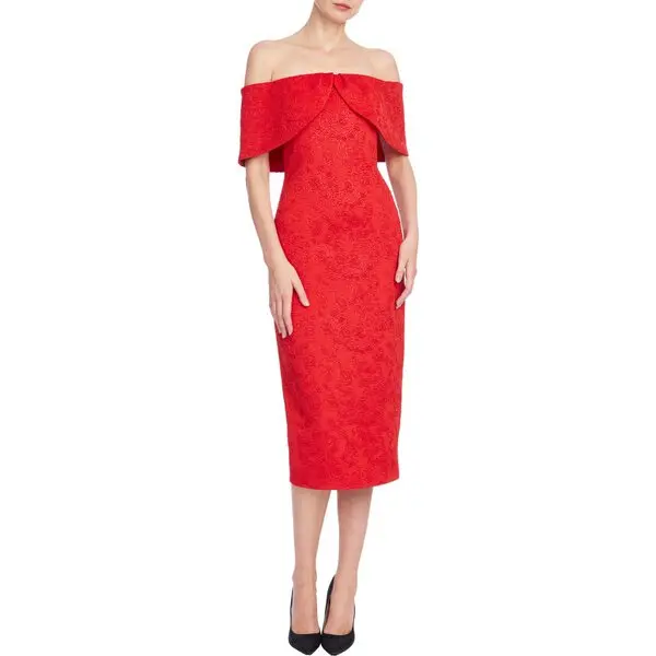 Badgley Mischka Floral Embossed Off The Shoulder Scuba Midi Dress - Red