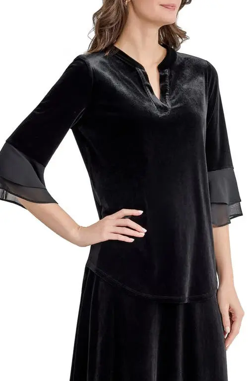 KASPER Split Neck Velvet Tunic With Flutter Sleeves