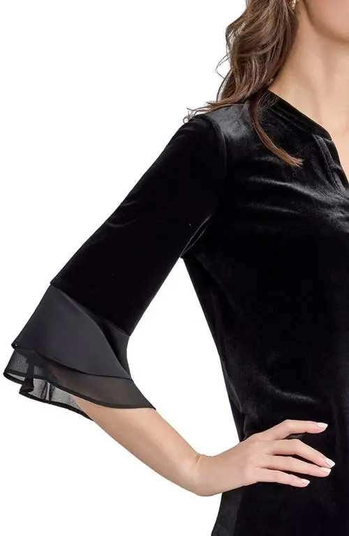 KASPER Split Neck Velvet Tunic With Flutter Sleeves