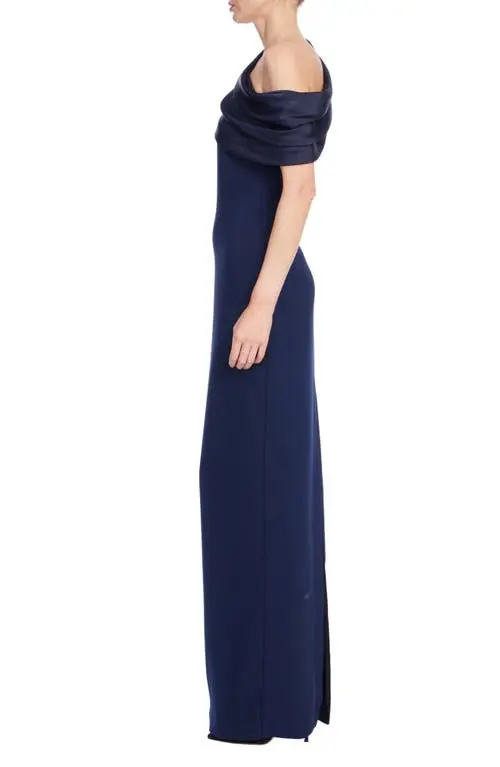 Badgley Mischka One-shoulder Drape Neck Stretch Mikado Gown