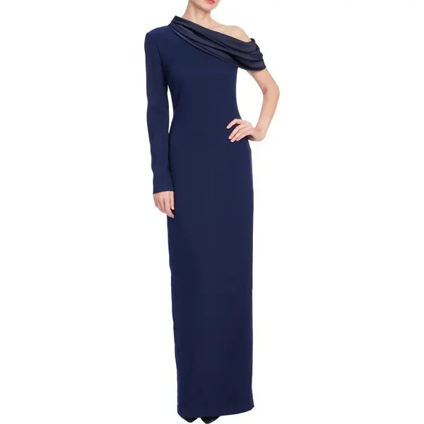 Badgley Mischka One-shoulder Drape Neck Stretch Mikado Gown - Navy