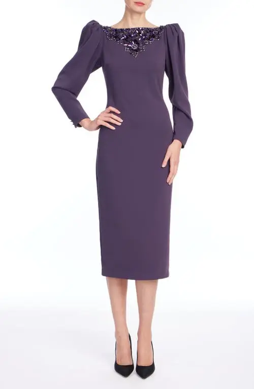 Badgley Mischka Beaded Bateau Neck Sheath Cocktail Dress - Plum