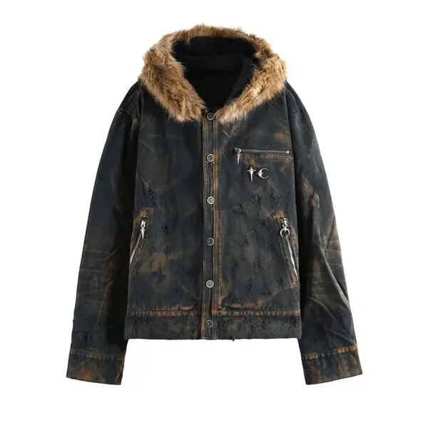 THUG CLUB Tc Two Tone Washed Fur Hooded Jacket 'rust