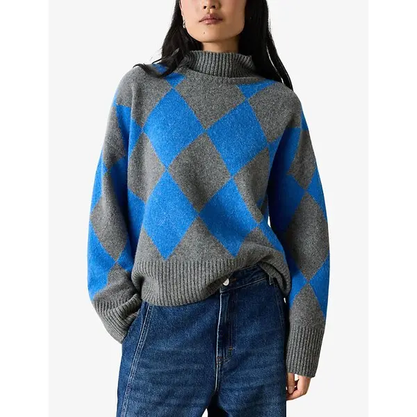 Whistles Argyle Detail High-neck Wool-blend Jumper