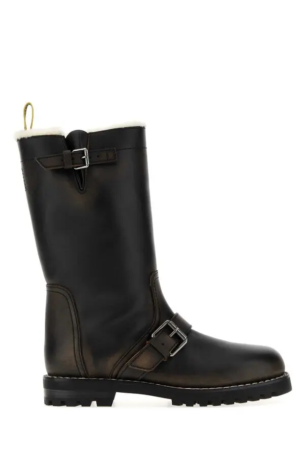 Fendi Dark Leather Commando Boots With Shearling Lining - Brown