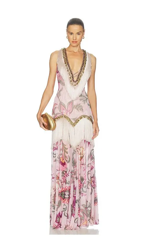PatBO Boho Fringe Gown In Rose - Multi