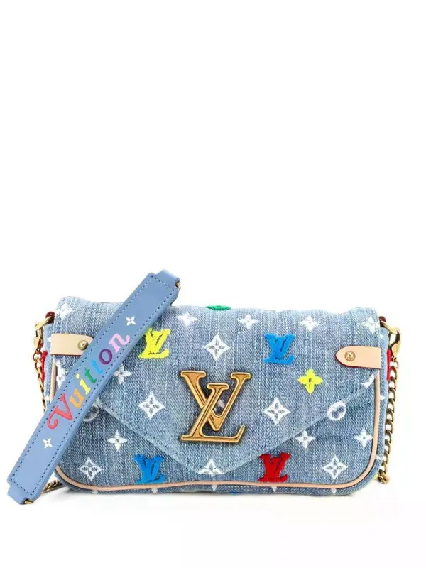 LOUIS VUITTON New Wave Chain Pochette Monogram Embroidered Quilted Denim Crossbody Bag - Blue