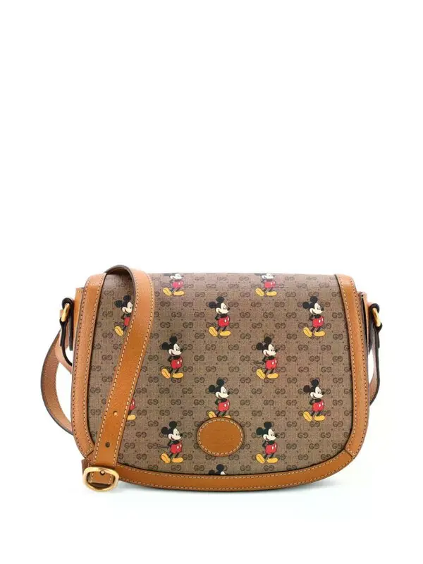 Gucci Disney Mickey Mouse Flap Shoulder Bag Printed Mini Gg Coated Canvas Small Crossbody Bag - Brown