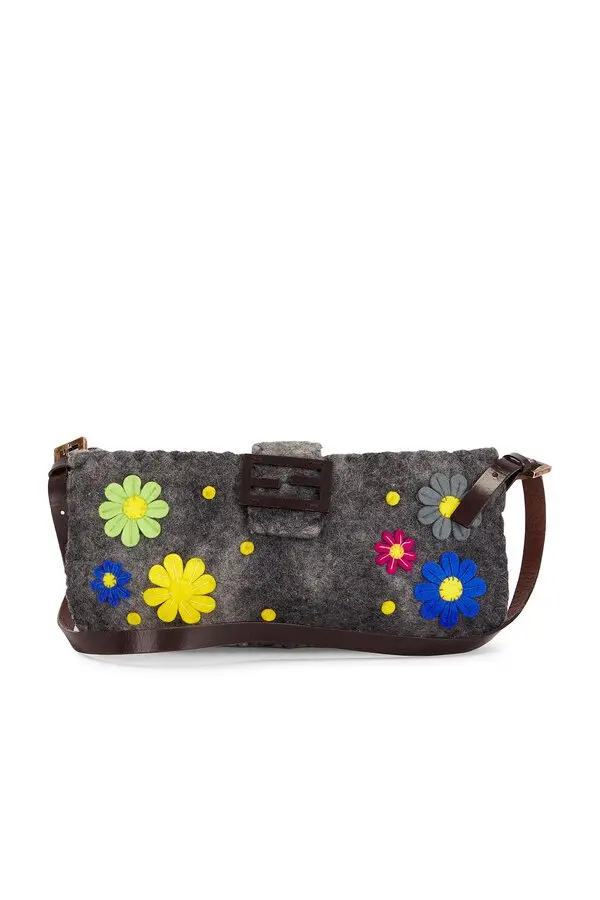 Fendi Floral Embroidered Shoulder Bag - Grey