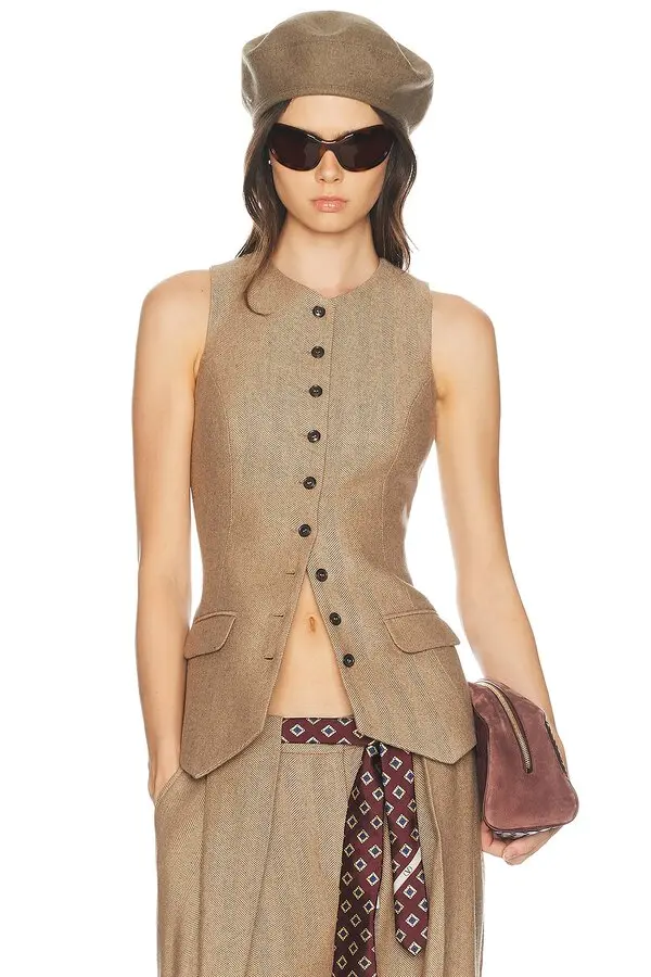 HELSA Italian Herringbone Waistcoat In Brown - Camel