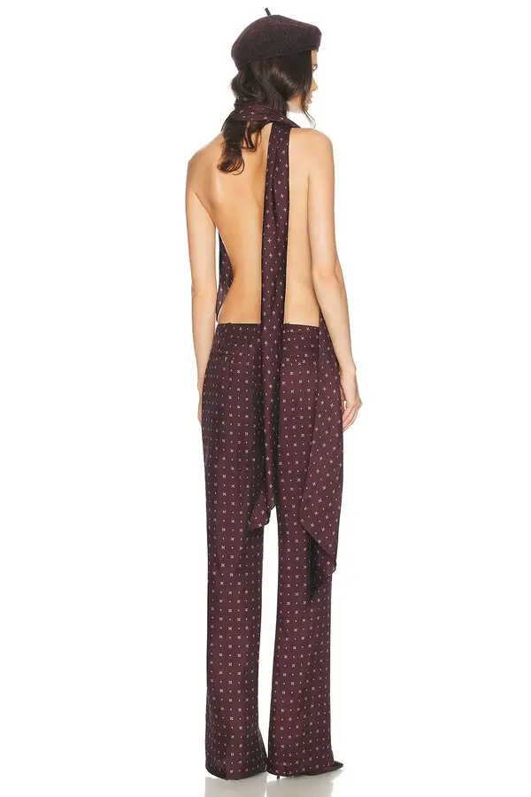 HELSA Scarf Halter Jumpsuit In Tie Print In Burgundy