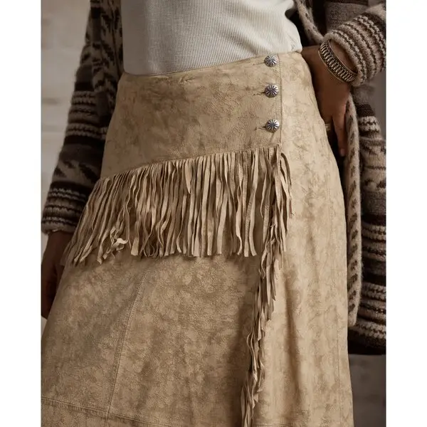 Ralph Lauren Fringe-trim Suede Wrap Skirt