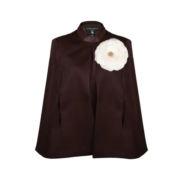 LAINES LONDON Neutrals Laines Chocolate Couture Tailored Cape With Embellished Cream Organza Flower - Brown