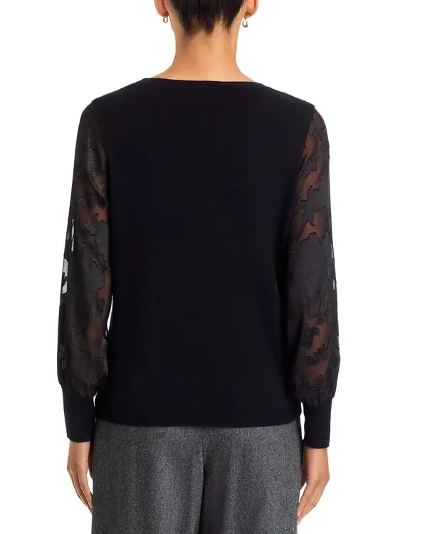 SIONI Mixed Media Floral Puff Sleeve Sweater - Black