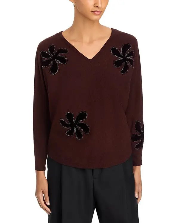 SIONI Flower Embellished V Neck Sweater