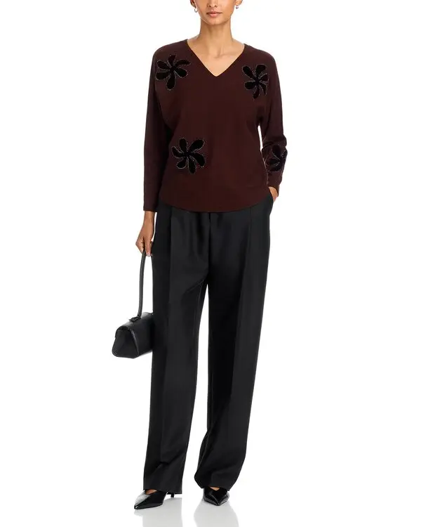SIONI Flower Embellished V Neck Sweater