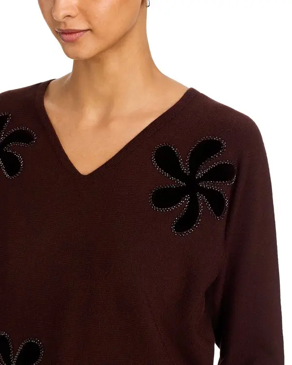 SIONI Flower Embellished V Neck Sweater