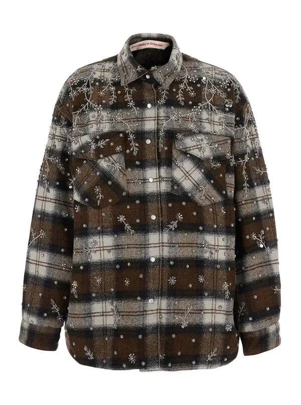 SPACE COWBOY Embellished Flannel Shirt With Metallic Embroidery & Rhinestone Details - Brown