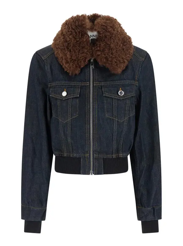 GANNI Denim Cropped Bomber Jacket With Zip Front And Elastic Hem - Blu