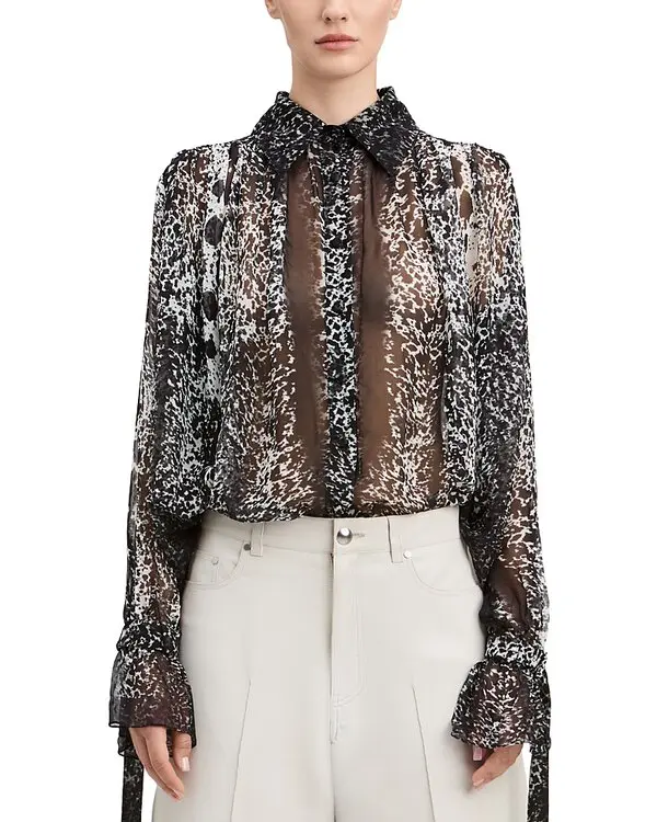 Derek Lam 10 Crosby Walker Abstract Animal Print Georgette Ruched Button Front Blouse - Black/ivory