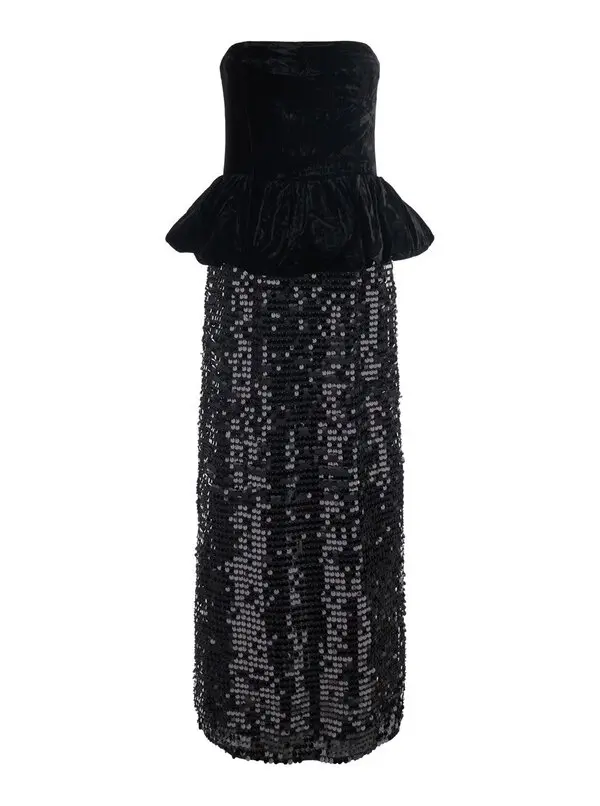 ROTATE BY BIRGER CHRISTENSEN Sequin Maxi Peplum Dress With V-neck And Long Sleeves - Black