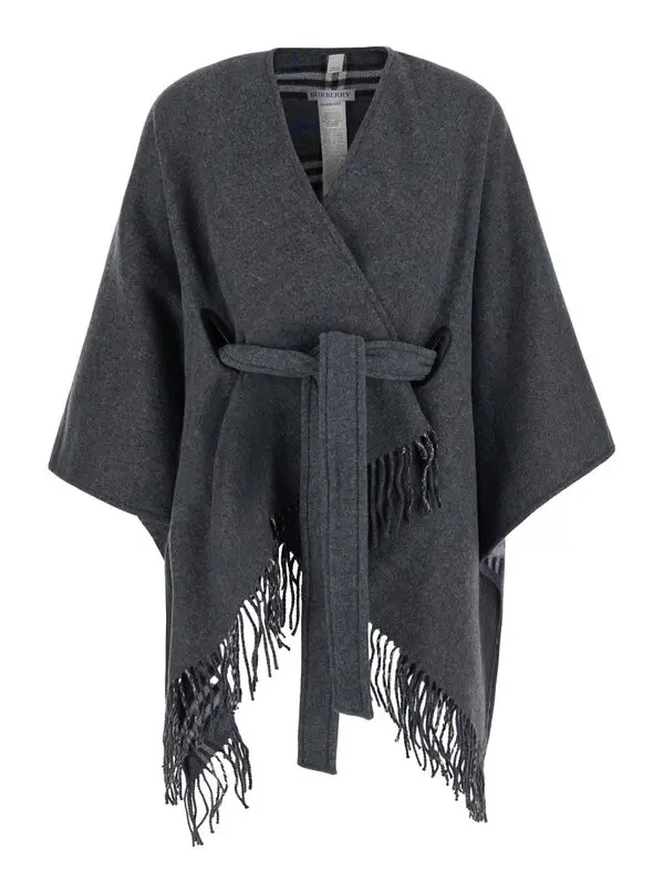 Burberry Tech Fabric Cape With Fixed Hood, Leather Trim & Zip Front - Grey